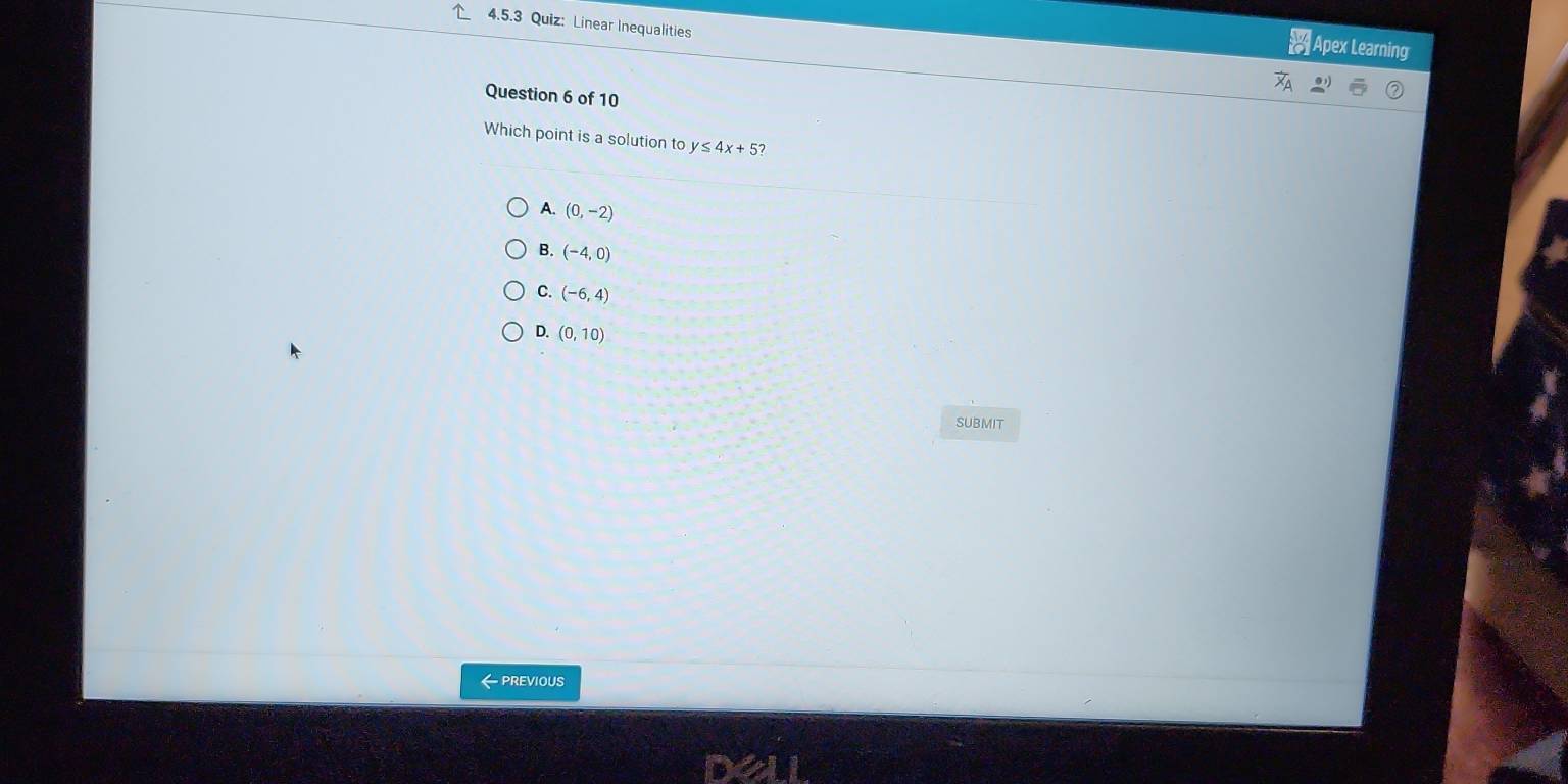 Solved: Linear Inequalities Apex Learning Question 6 of 10 Which point is a solution to y≤ 4x+5 ...