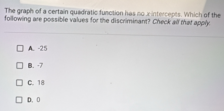 Solved: The graph of a certain quadratic function has no x-intercepts ...