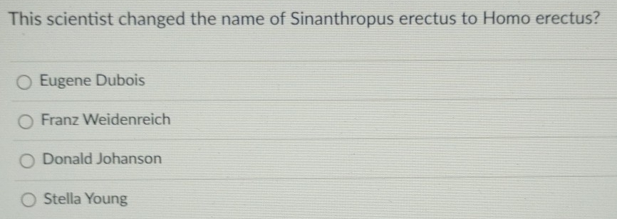 Solved: This scientist changed the name of Sinanthropus erectus to Homo ...