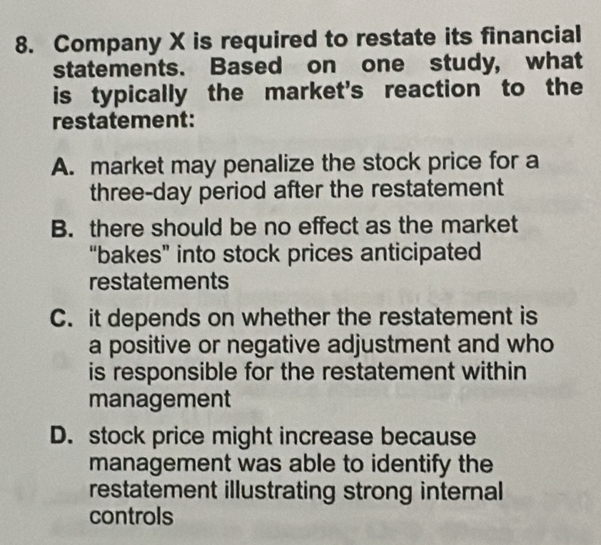Solved: Company X is required to restate its financial statements ...
