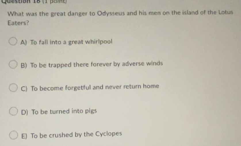 Solved: (1 pomt) What was the great danger to Odysseus and his men on ...