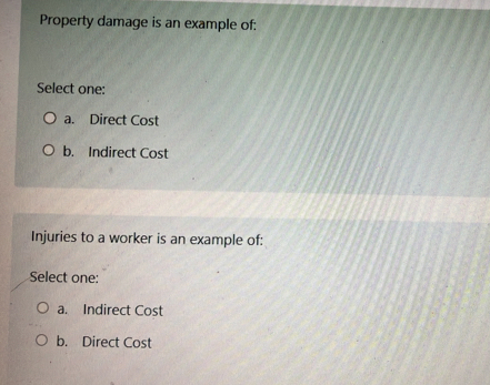 Solved: Property damage is an example of: Select one: a. Direct Cost b ...