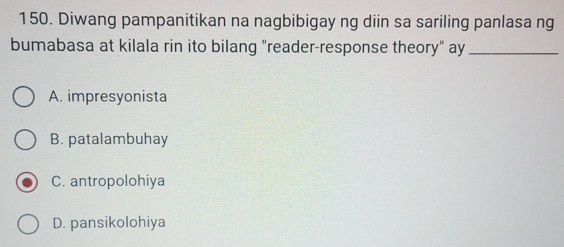 Solved: Diwang pampanitikan na nagbibigay ng diin sa sariling panlasa ...