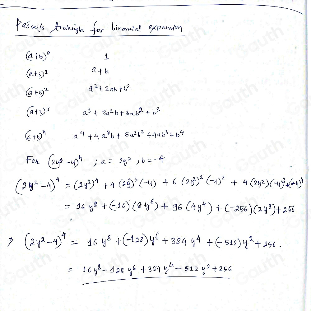 Solved: Use Pascal's Triangle to expand (2y^2-4)^4. Express your answer in simplest form [Math]