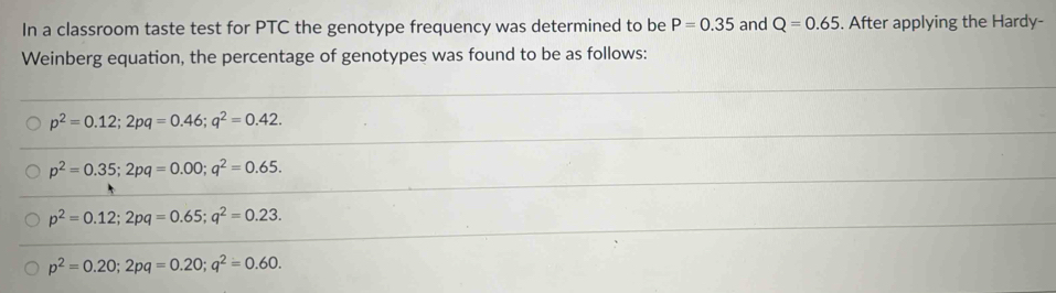 Solved: In a classroom taste test for PTC the genotype frequency was ...