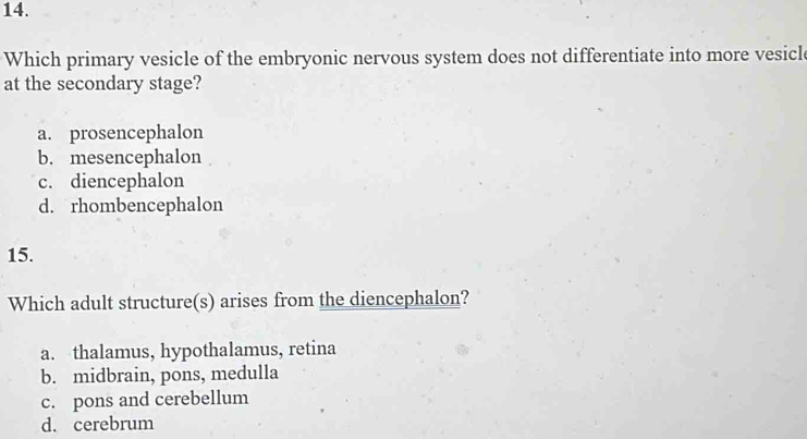 Solved: Which primary vesicle of the embryonic nervous system does not ...