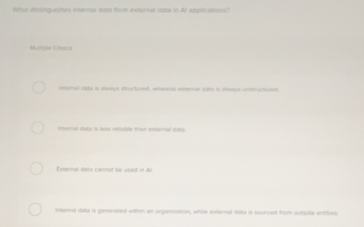 Solved: What distinguishes internal data from external data in Al ...