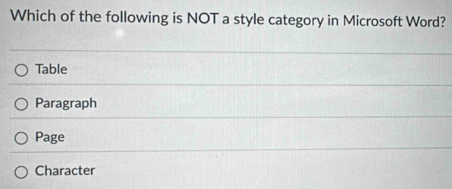 Solved: Which of the following is NOT a style category in Microsoft ...
