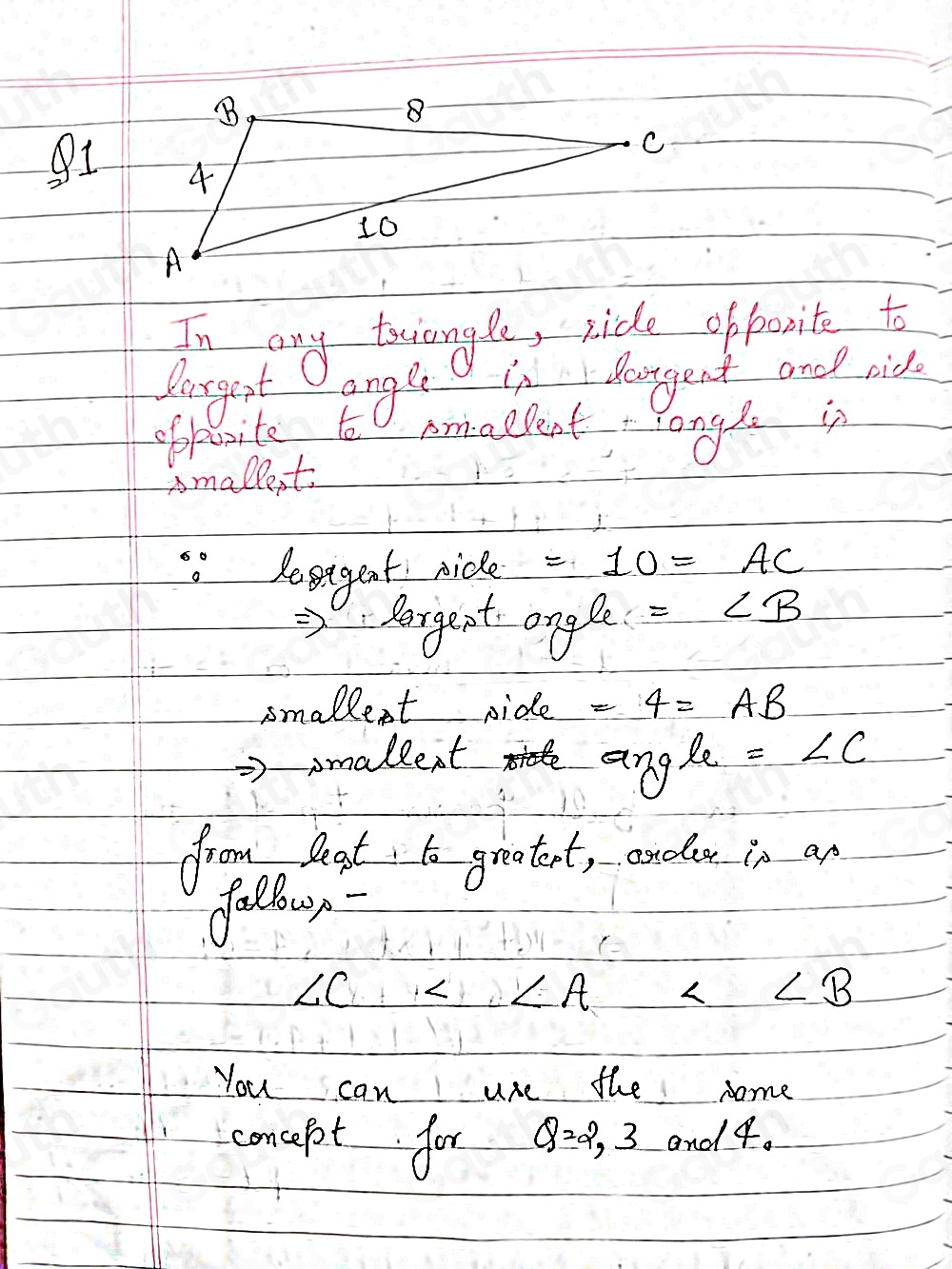 Solved: ABC is shown, where AB=4, BC=8 , and AC= 10 、 List the angles ...