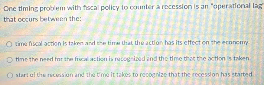 Solved: One timing problem with fiscal policy to counter a recession is an "operational lag ...