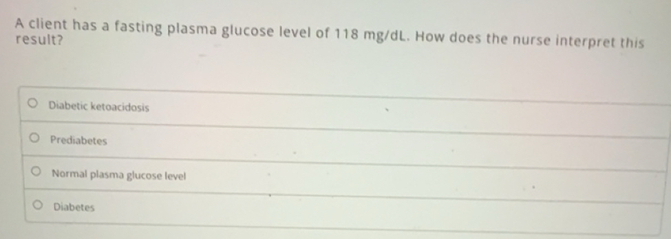 Solved: A client has a fasting plasma glucose level of 118 mg/dL. How ...