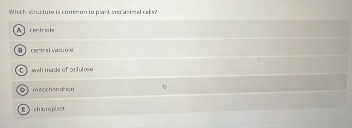 Solved: Which structure is common to plant and animal cells? Acentriole ...