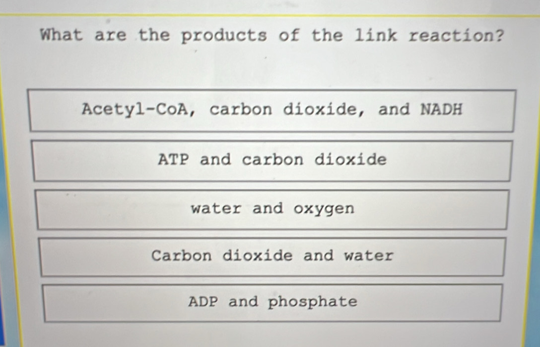 Solved: What are the products of the link reaction? Acetyl-CoA, carbon ...