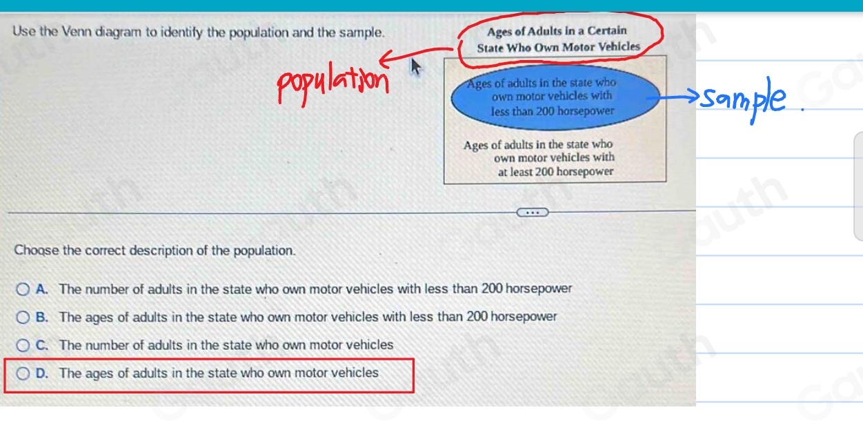 Solved: Use the Venn diagram to identify the population and the sample ...
