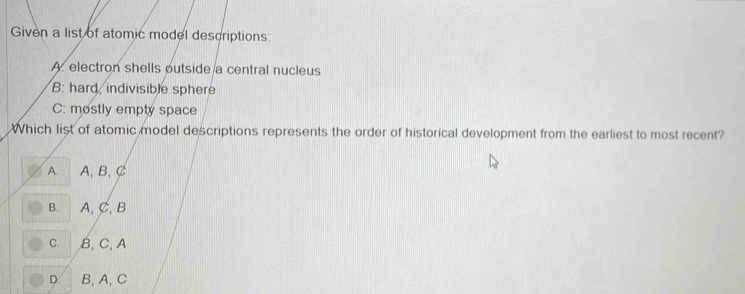 Solved: Given a list of atomic model descriptions: A. electron shells ...