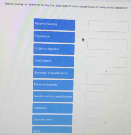 Solved: Brian is creating his résumé for the first time. What order of ...
