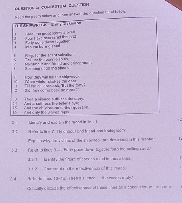 Solved: CONTEXTUAL QUESTION Read the poem below and then answer the ...