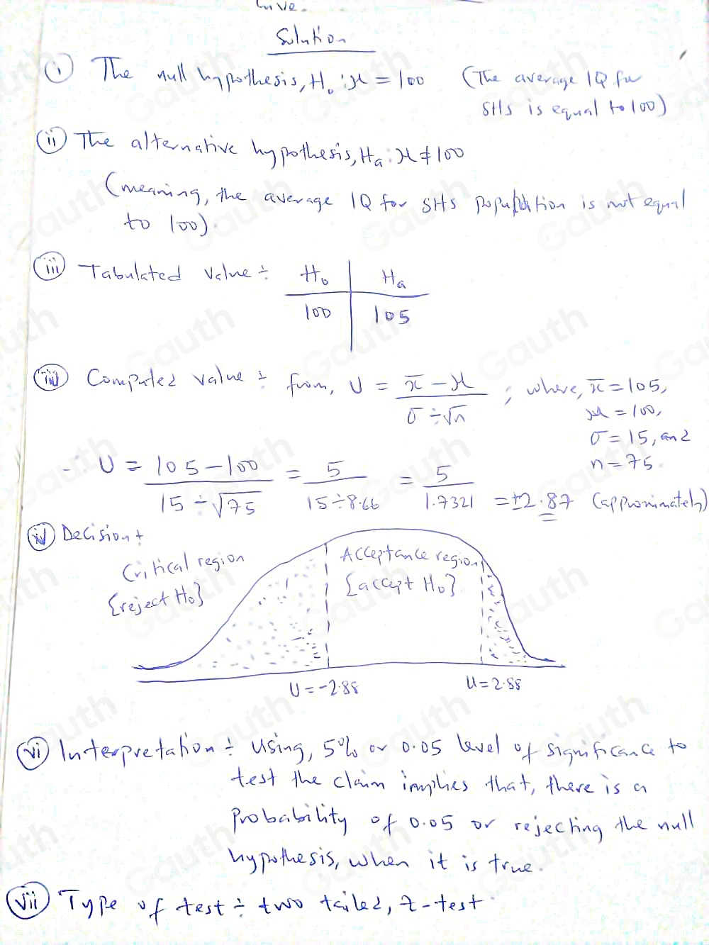 Solved: The average IQ for SHS population is 100 with a standard ...