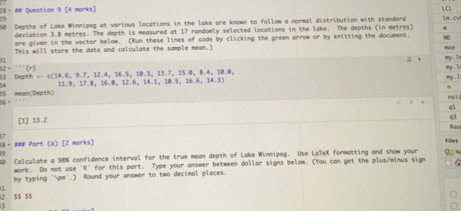 Solved: 28· ## Question 9 [4 marks] LCL 1m,cv 29 30 Depths of Lake ...