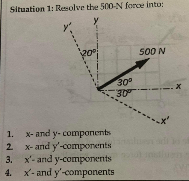 Solved: Situation 1: Resolve the 500-N force into: 1. x- and y- components 2. x- and y ...