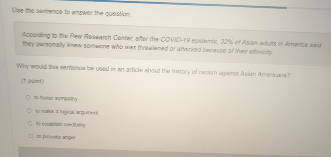 Solved: Use the sentence to answer the question. According to the Pew ...