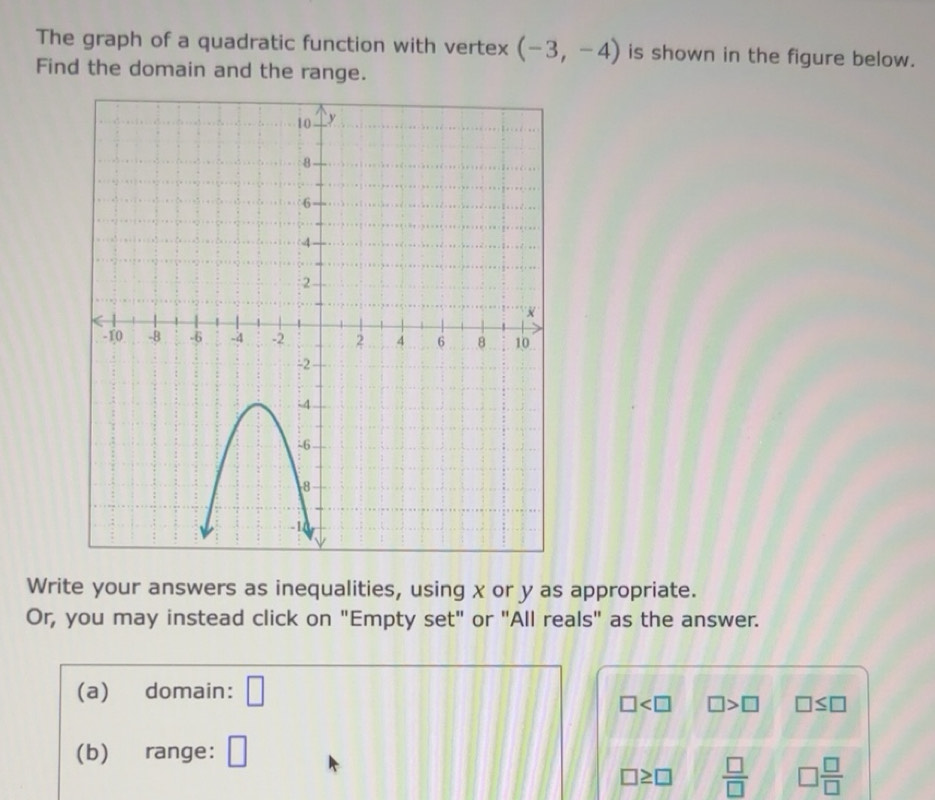 Solved: The graph of a quadratic function with vertex (-3,-4) is shown ...