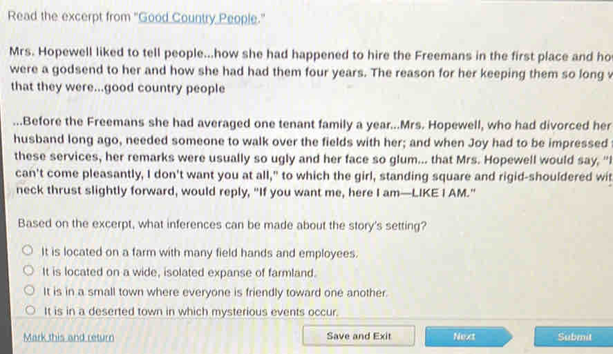 Read the excerpt from "Good Country People." Mrs. Hopewell liked to ...