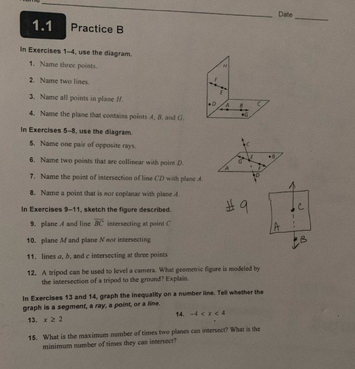 Solved: Date 1.1 Practice B In Exercises 1-4, use the diagram. 1. Name ...