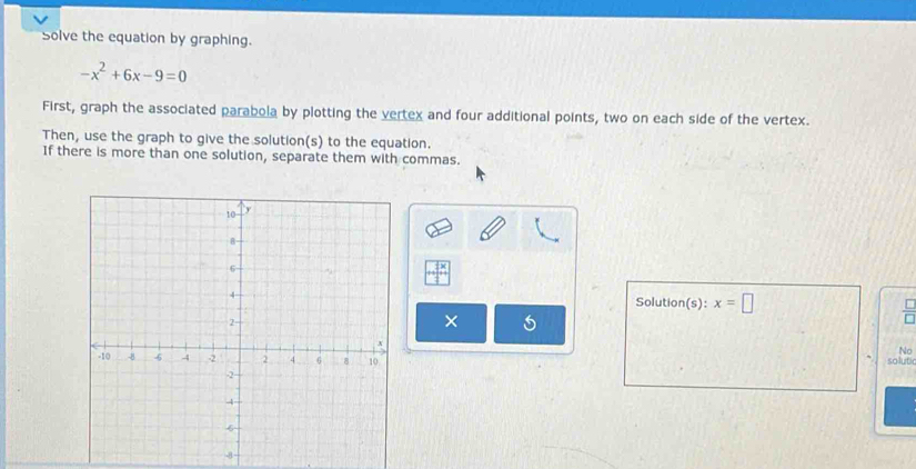 Solved: Solve the equation by graphing. -x^2+6x-9=0 First, graph the ...