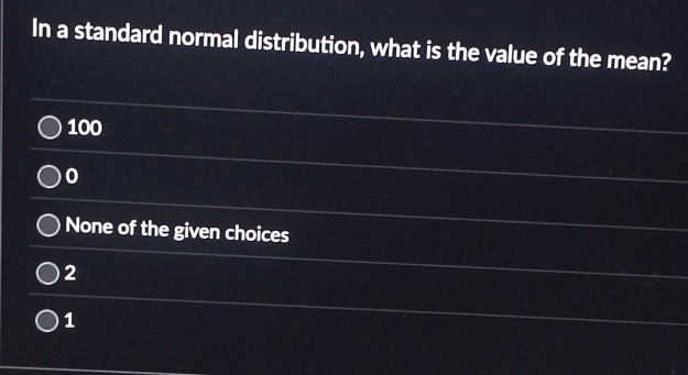 Solved: In a standard normal distribution, what is the value of the ...