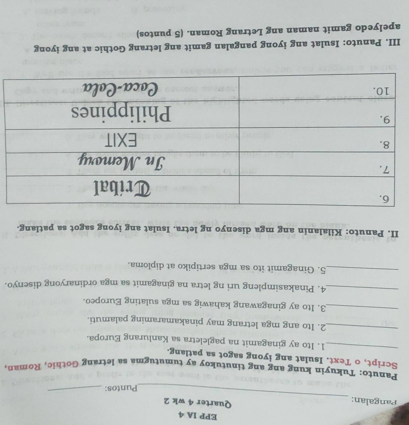 Solved: EPP IA 4 _ Pangalan: Quarter 4 wk 2 Puntos: _ Panuto: Tukuyin ...