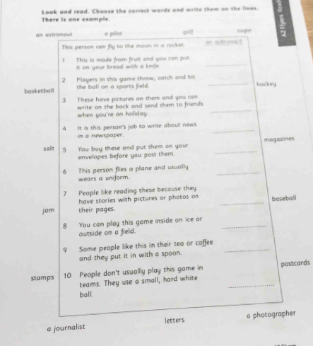 Giải quyết:Look and read. Choose the correct words and write them on ...
