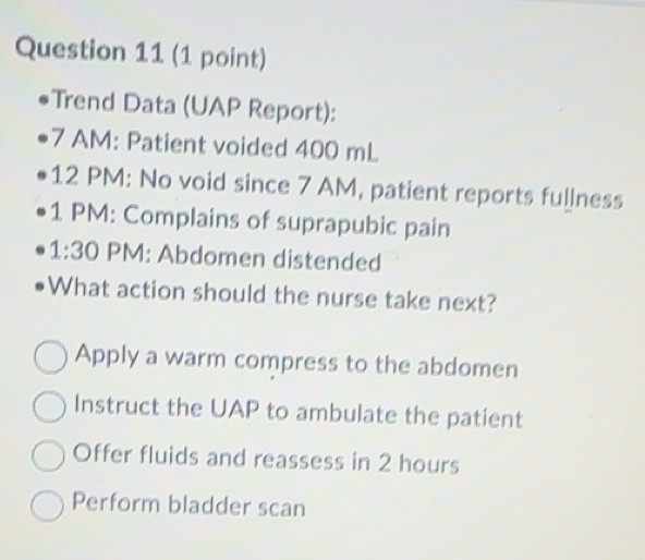 Solved: Trend Data (UAP Report): 7 AM: Patient voided 400 mL 12 PM: No ...