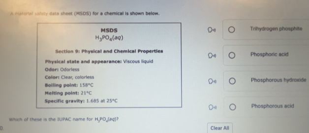 Solved: A matorial safety data sheet (MSDS) for a chemical is shown ...