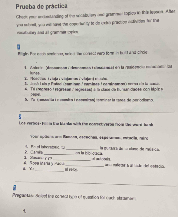 Solved: Prueba de práctica Check your understanding of the vocabulary ...