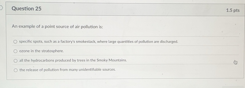 Solved: An example of a point source of air pollution is: specific ...