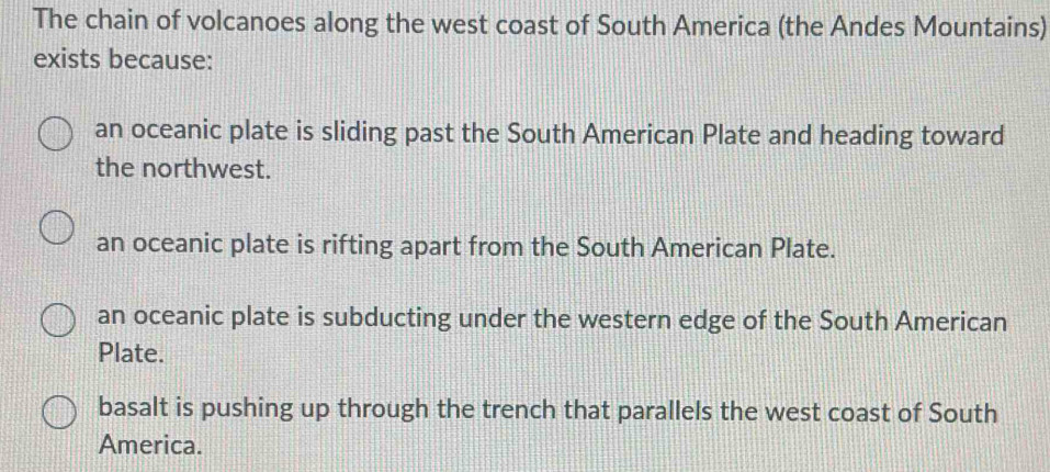 Solved: The chain of volcanoes along the west coast of South America ...