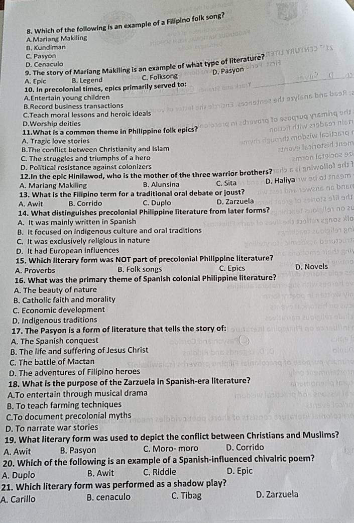 Solved: Which of the following is an example of a Filipino folk song ...