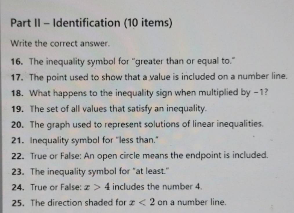 Solved: Part II - Identification (10 items) Write the correct answer ...