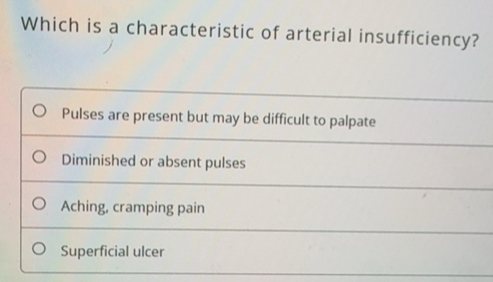 Solved: Which is a characteristic of arterial insufficiency? Pulses are ...