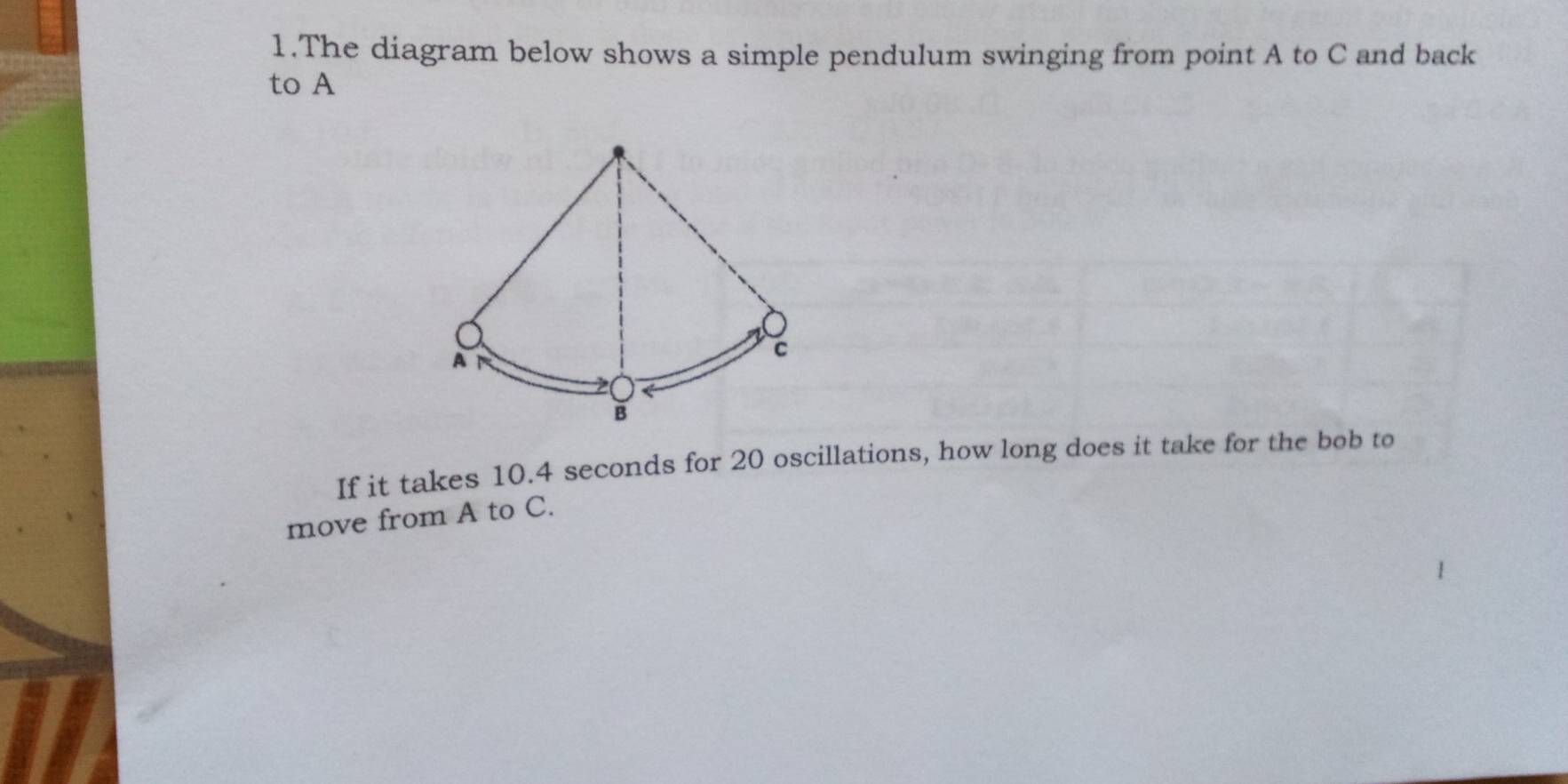 Solved: The diagram below shows a simple pendulum swinging from point A ...