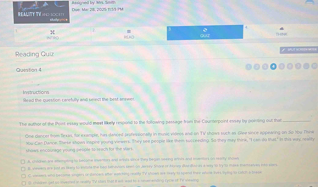 Solved: Assigned by: Mrs. Smith Due: Mar 28, 2025 11:59 PM REALITY TV ...