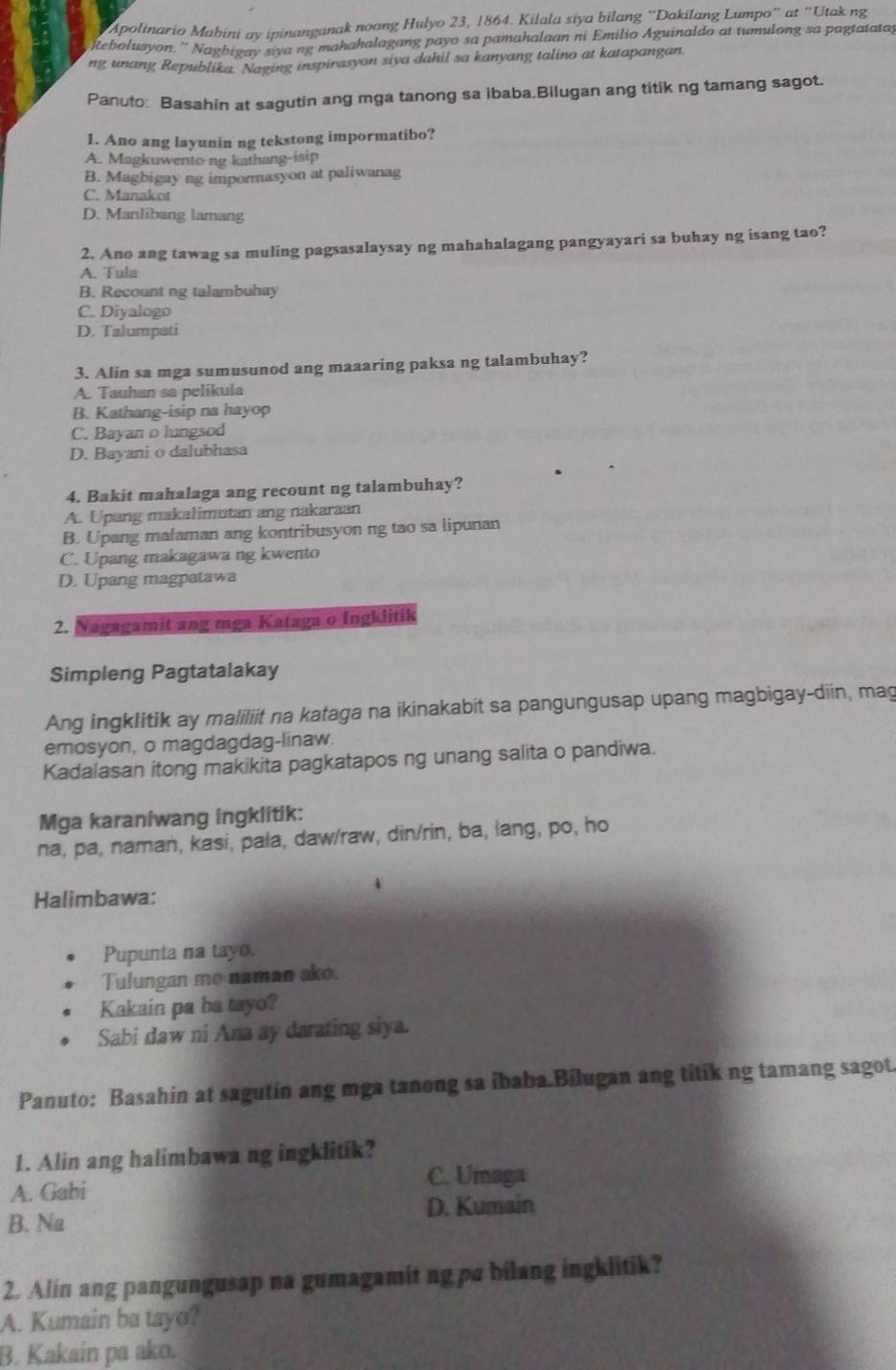 Solved: Apolinario Mabini ay ipinanganak noong Hulyo 23, 1864. Kilala ...
