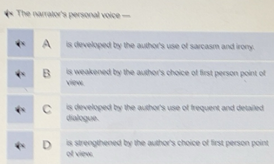 Solved: The narrator's personal voice — is developed by the author's ...