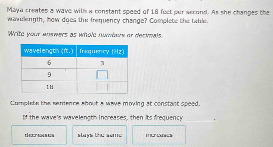 Solved: Maya creates a wave with a constant speed of 18 feet per second ...