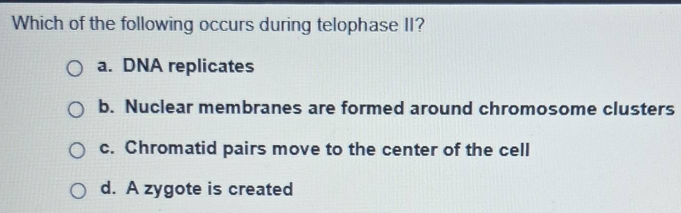 Solved: Which of the following occurs during telophase II? a. DNA ...
