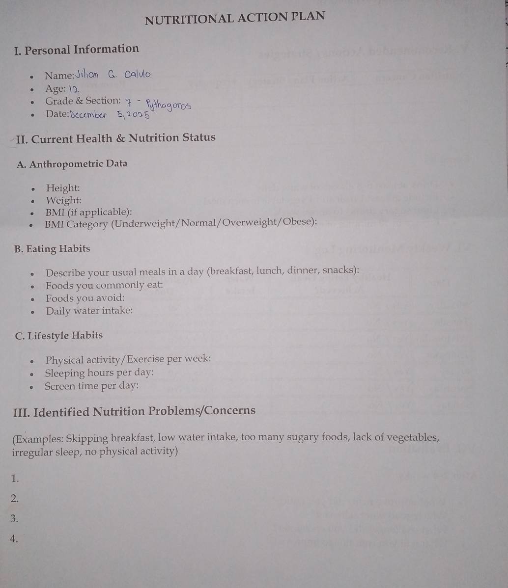 Solved: NUTRITIONAL ACTION PLAN I. Personal Information Name: Age ...