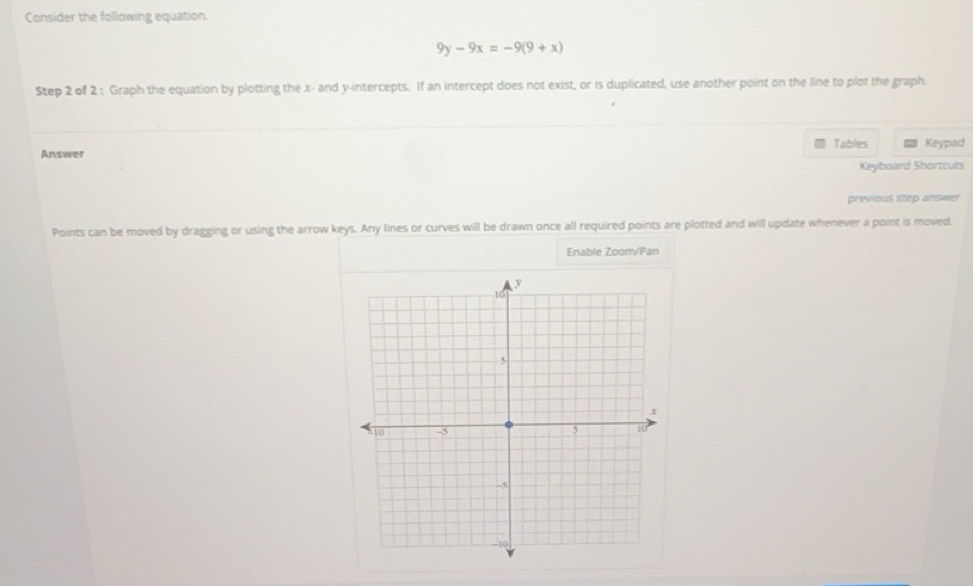Solved: Consider the following equation. 9y-9x=-9(9+x) Step 2 of 2 ...