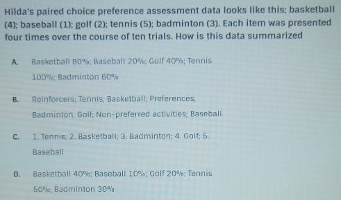 Solved: Hilda's paired choice preference assessment data looks like ...