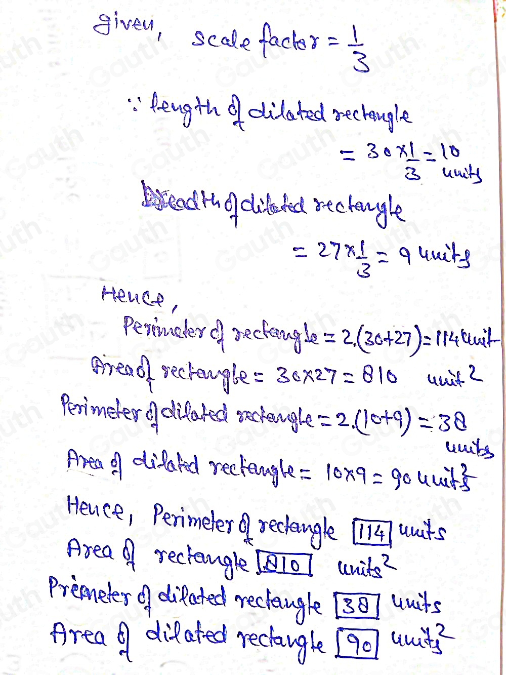Solved: The rectangle below is dilated by a scale factor of 1/3 . Find ...